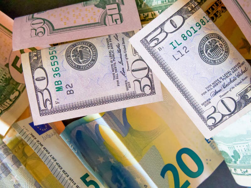 Cash Collection. Mixed Pile of Euro and Dollar Notes Stock Image ...
