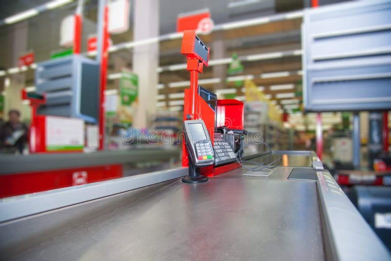 Cash Desk with Payment Terminal in Supermarket Stock Photo - Image of ...