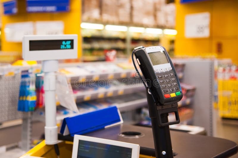 Cash Desk with Payment Terminal in Supermarket Stock Photo - Image of ...