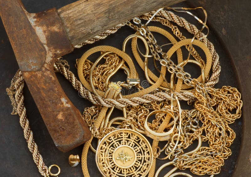 Cash for Gold Scrap Jewelry in Pan with Pick Axe Stock Photo - Image of ...