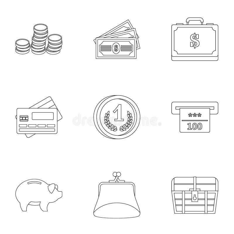 Cash Icons Set, Outline Style Stock Vector - Illustration of exchange ...