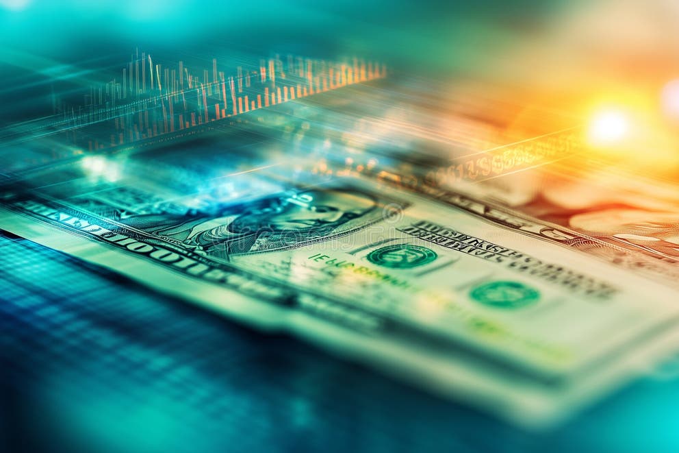 Cash Notes Spread on Table with Financial Graphs and Light Effects in ...
