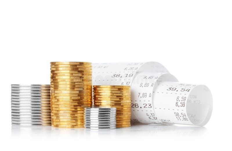 Cash Register Paper Receipt Check with Coins Stock Image - Image of ...