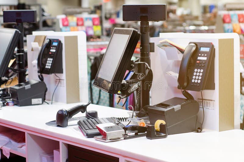 Cash register in the store stock image. Image of phone - 141899745