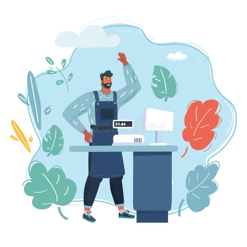 Casher Stand Behind Counter at Shop. Stock Vector - Illustration of ...