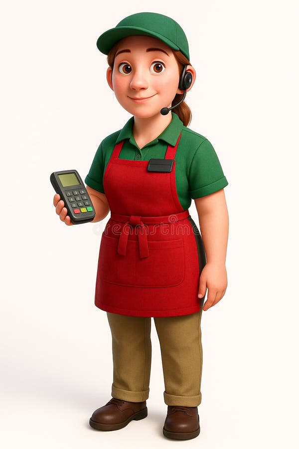 Cashier in Apron Operating POS Machine in Restaurant Stock Illustration ...