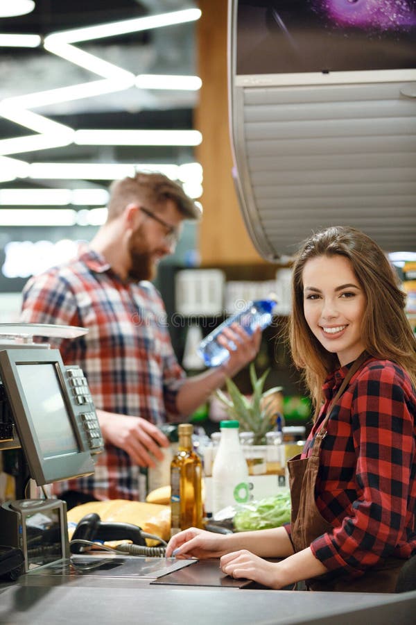 Cashier Lady on Workspace in Supermarket Shop Stock Image - Image of ...