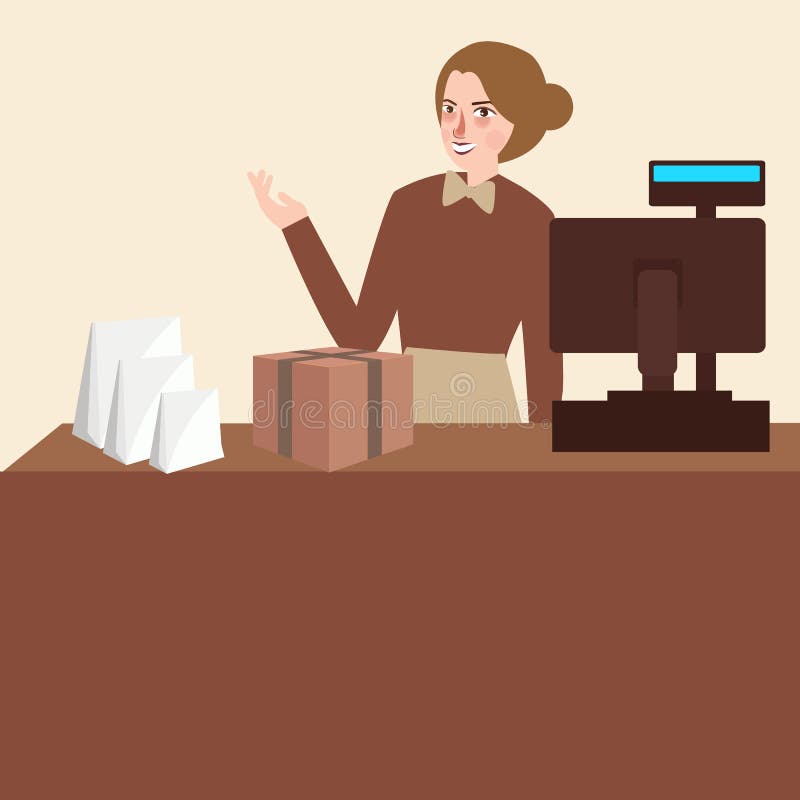 Cashier Shop Assistant Standing in Front of Cash Register Machine Stock ...