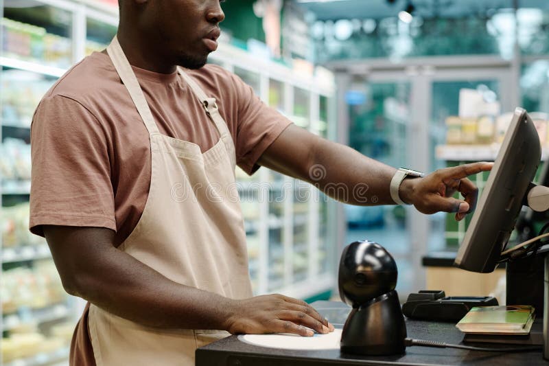 Cashier Working on Computer in Supermarket Stock Image - Image of ...