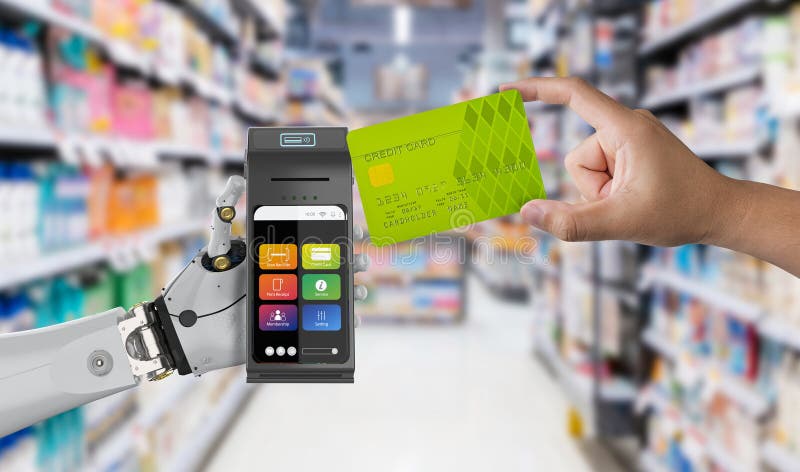 Cashless Payment with Robot Hand Holding Credit Card Reader with Credit Card Stock Image - Image ...