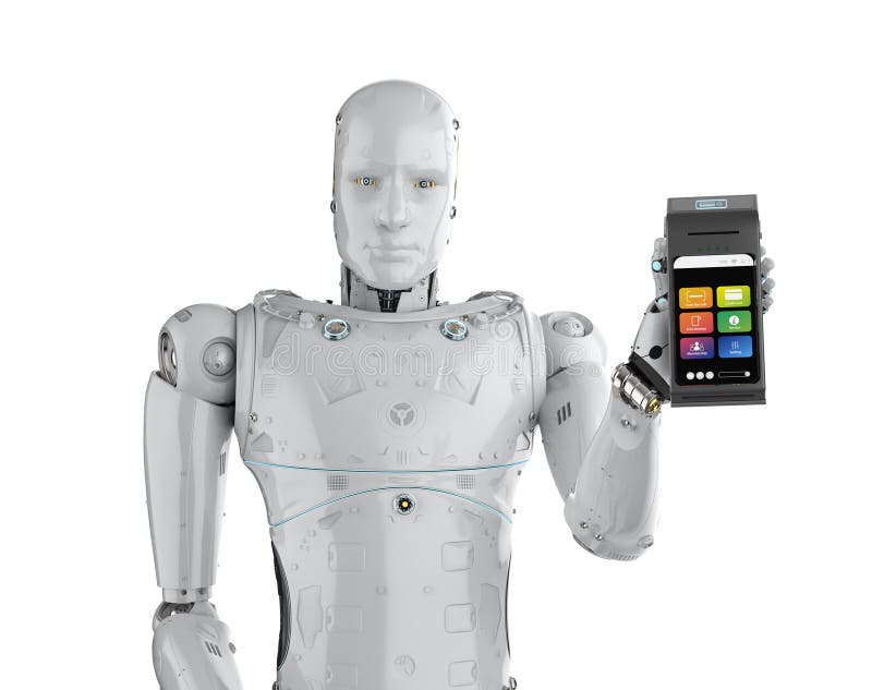 Cashless Payment with Robot Hand Holding Credit Card Reader Isolated ...