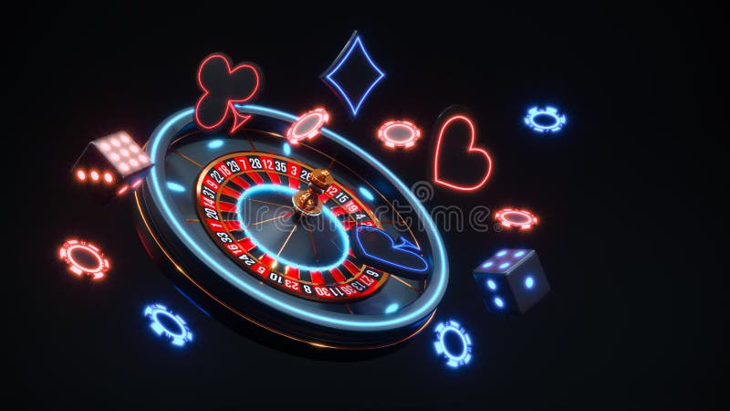Casino Background with Neon Glow Roulette and Poker Chips Falling 3d ...