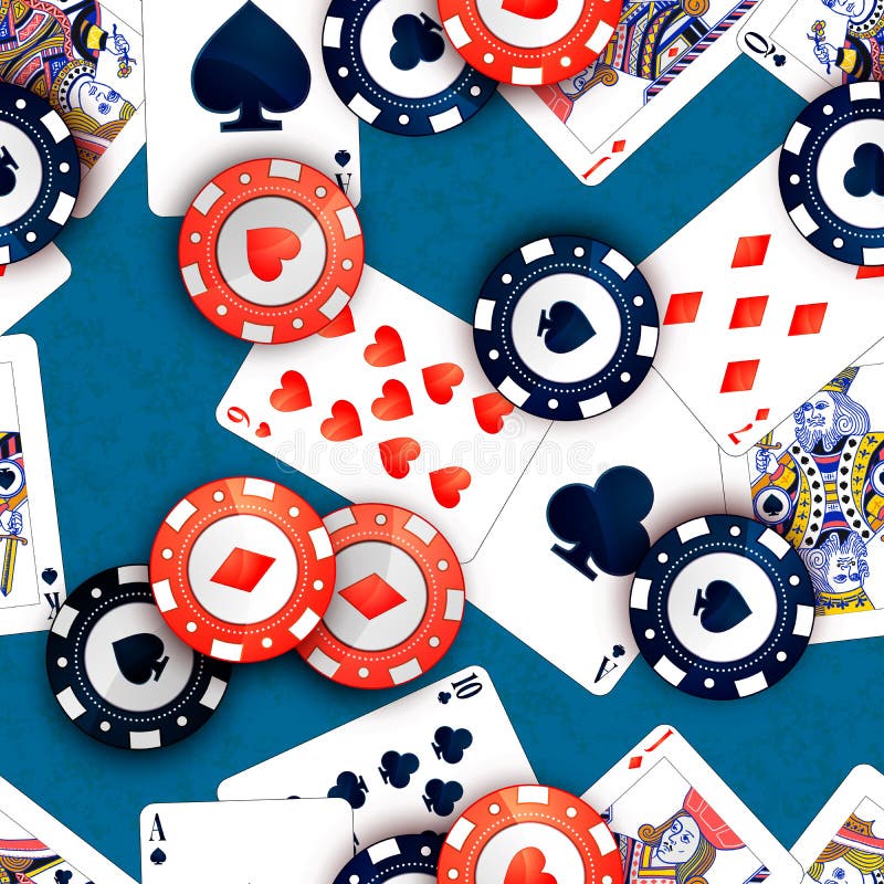 Casino Chips and Poker Cards on Blue Table, Seamless Pattern Stock ...