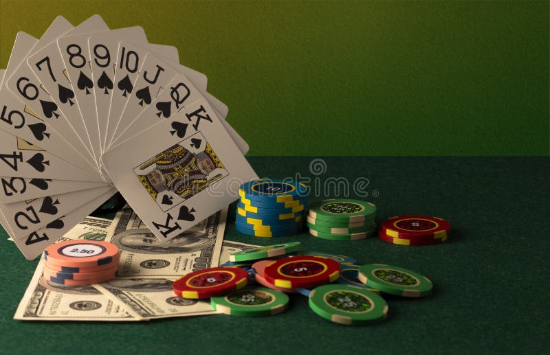 Casino Game Elements Such As Colored Chips, Poker Cards and Money Stock ...