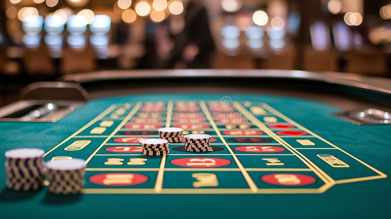 Casino Table Featuring Green Felt Surface Roulette Layout and Stacked ...