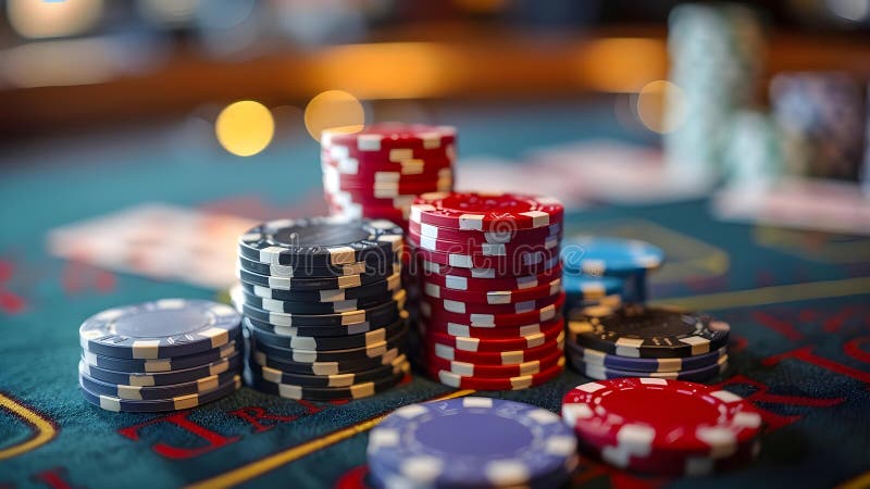 Casino Table Scene: Stacked Poker Chips and Deck of Cards. Concept ...