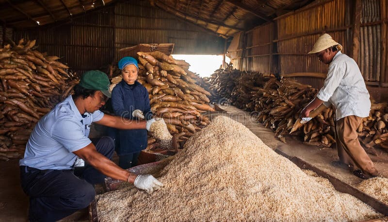Cassava Root Processing by Workers To Produce Flour Stock Illustration ...