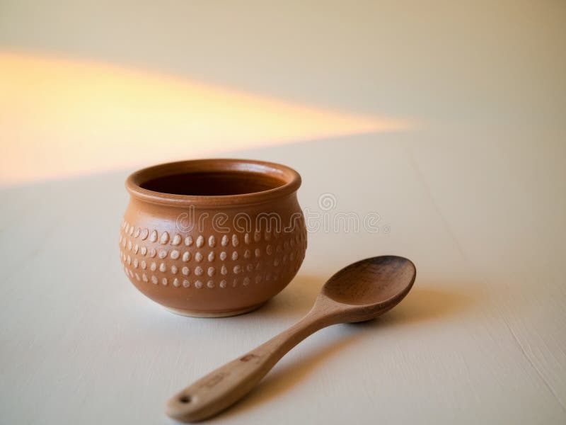 Casserole Dish Brown Ceramic Pot Wooden Spoon Resting with Gratin Stock ...