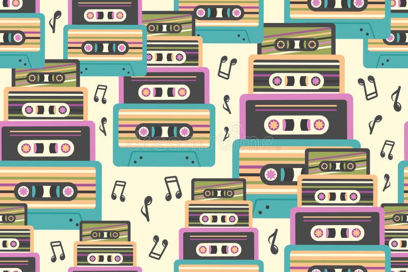 Cassette Seamless Pattern. Retro Audio Cassettes with Notes. Old School ...