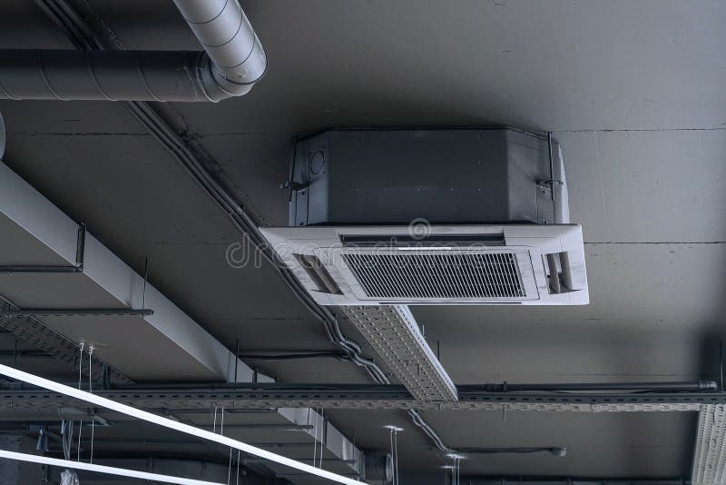 Cassette Split System on Gray Ceiling with Ventilation Ducts Stock ...