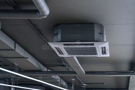 Cassette Split System on Gray Ceiling with Ventilation Ducts Stock ...