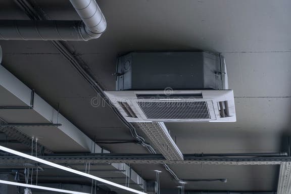 Cassette Split System on Gray Ceiling with Ventilation Ducts Stock ...