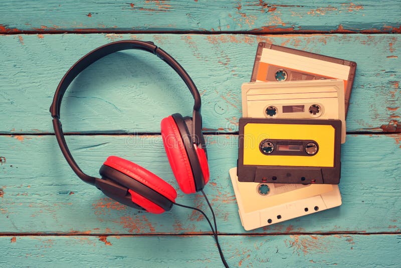 Cassette Tapes Over Blue Textured Wooden Table . Top View Stock Image ...