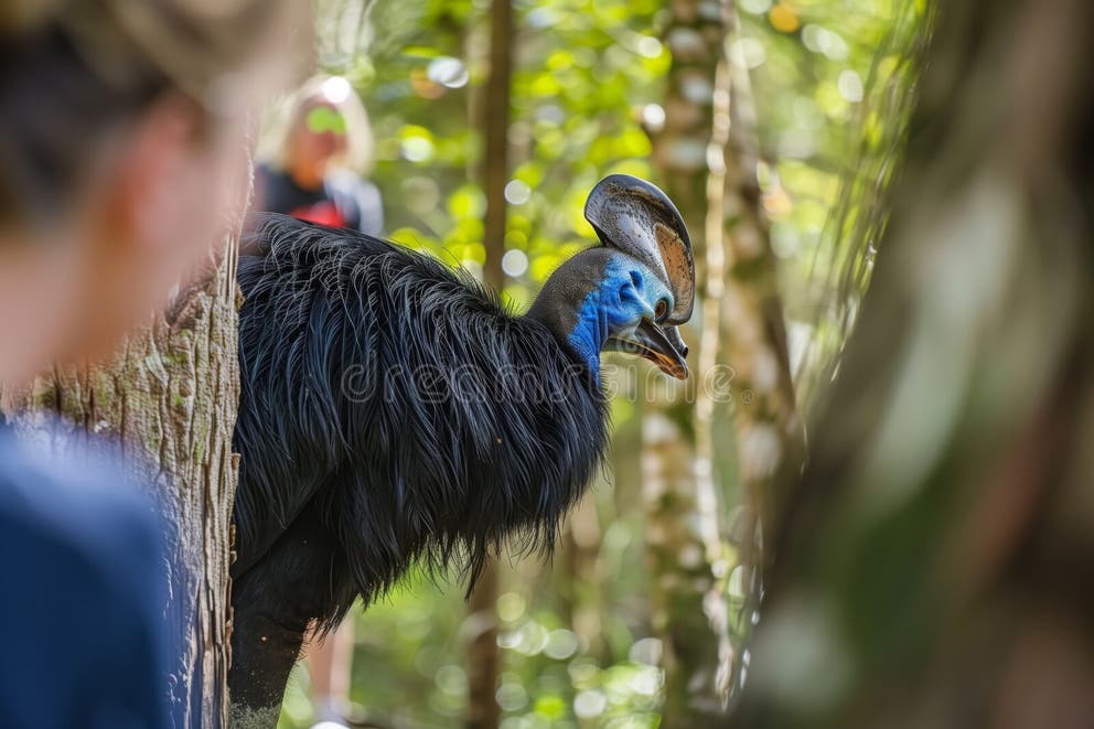 Cassowary Foraging while Person Observes from Behind Tree Stock Photo ...