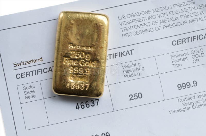 Cast Gold Bar Weighing 250 Grams on a Background of a Certificate Stock ...