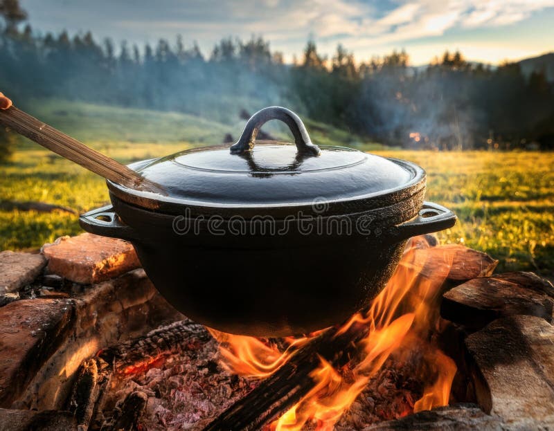 A Cast Iron Dutch Oven Cooking Over an Open Fire Stock Illustration ...