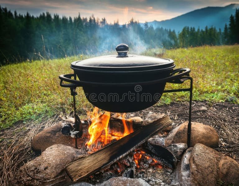 A Cast Iron Dutch Oven Cooking Over an Open Fire Stock Illustration ...