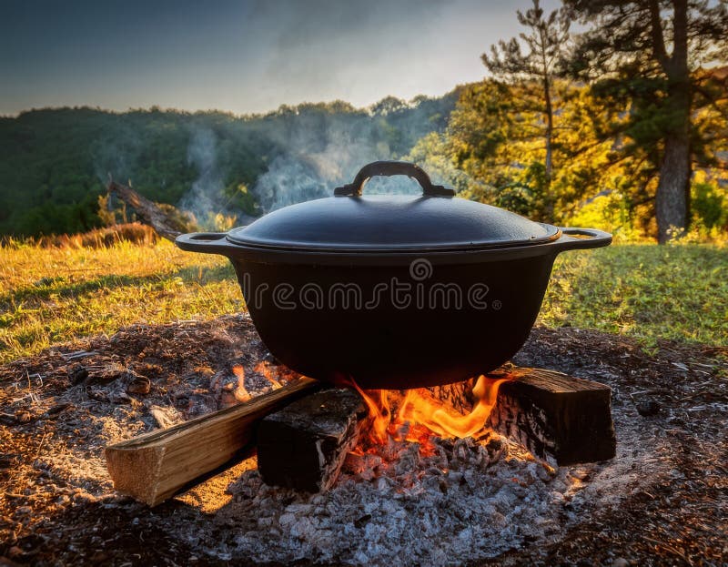 A Cast Iron Dutch Oven Cooking Over an Open Fire Stock Illustration ...