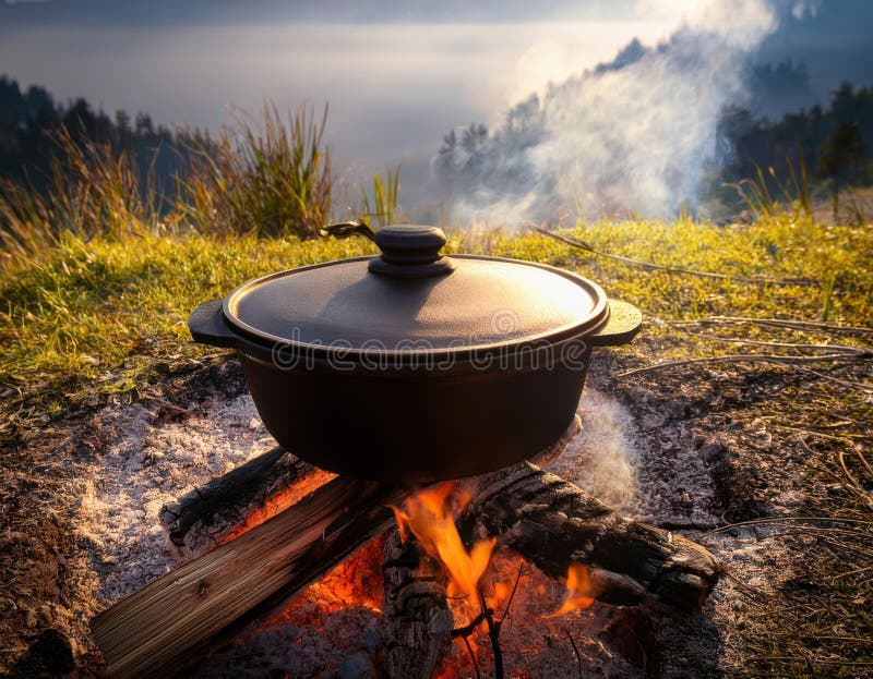 A Cast Iron Dutch Oven Cooking Over an Open Fire Stock Illustration ...