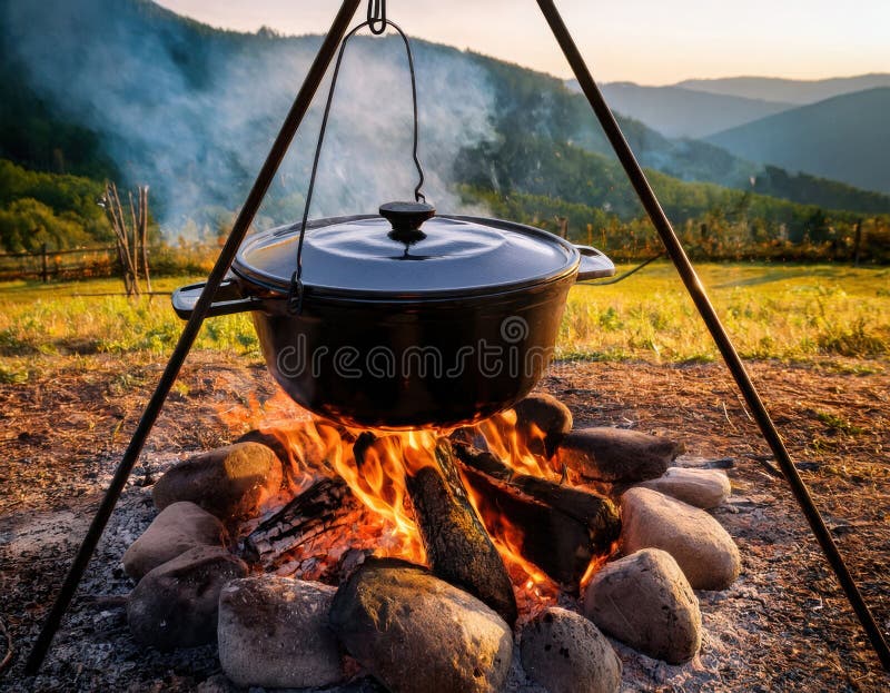 A Cast Iron Dutch Oven Cooking Over an Open Fire Stock Illustration ...