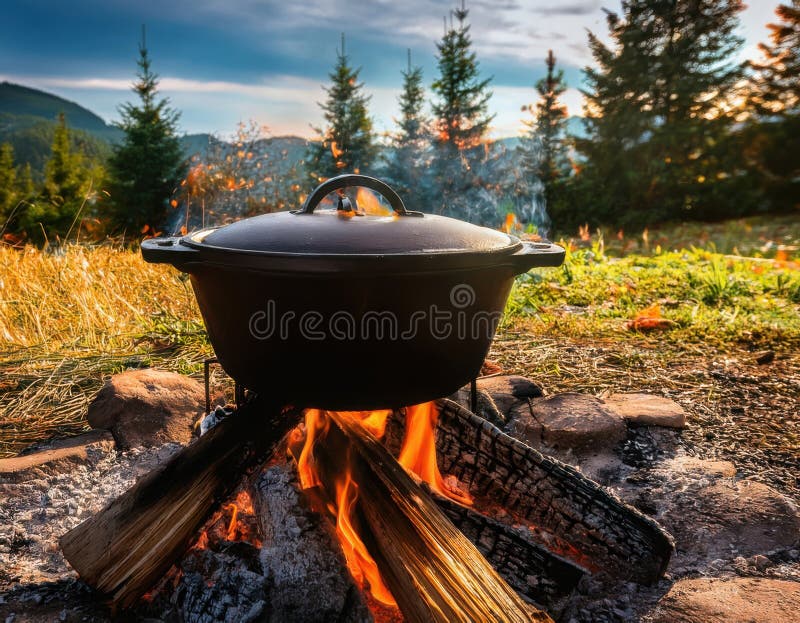 A Cast Iron Dutch Oven Cooking Over an Open Fire Stock Illustration ...