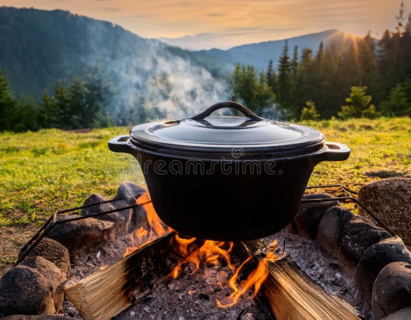 A Cast Iron Dutch Oven Cooking Over an Open Fire Stock Illustration ...