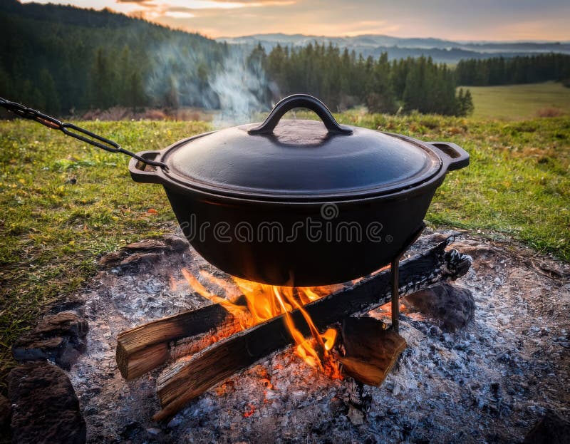 A Cast Iron Dutch Oven Cooking Over an Open Fire Stock Illustration ...