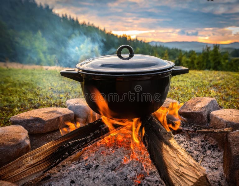 A Cast Iron Dutch Oven Cooking Over an Open Fire Stock Illustration ...