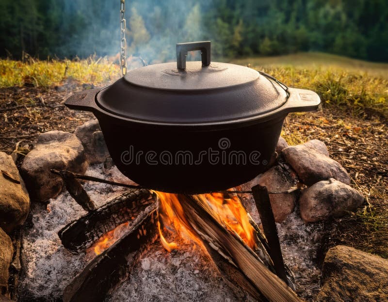 A Cast Iron Dutch Oven Cooking Over an Open Fire Stock Illustration ...