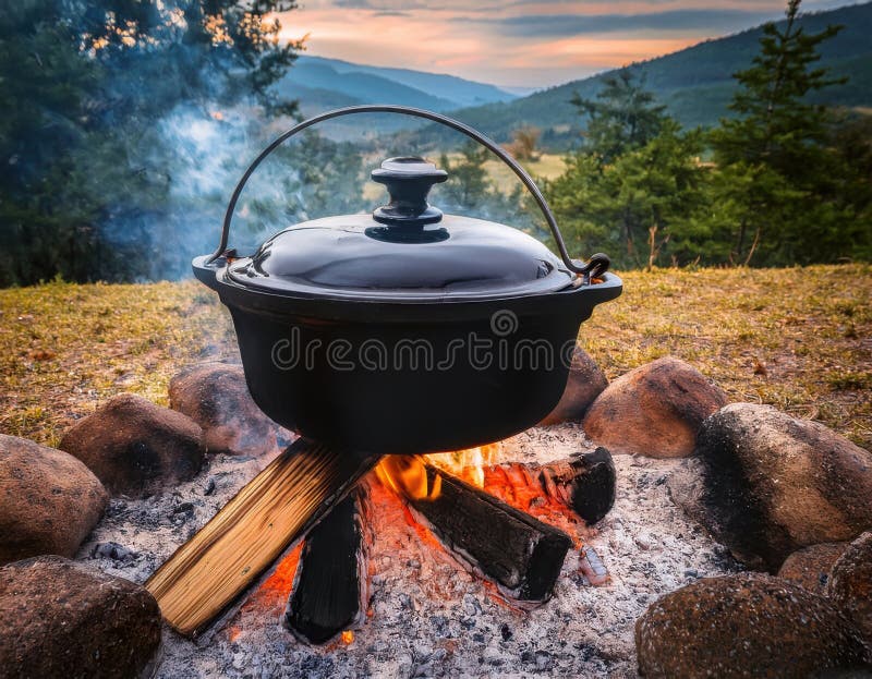 A Cast Iron Dutch Oven Cooking Over an Open Fire Stock Illustration ...