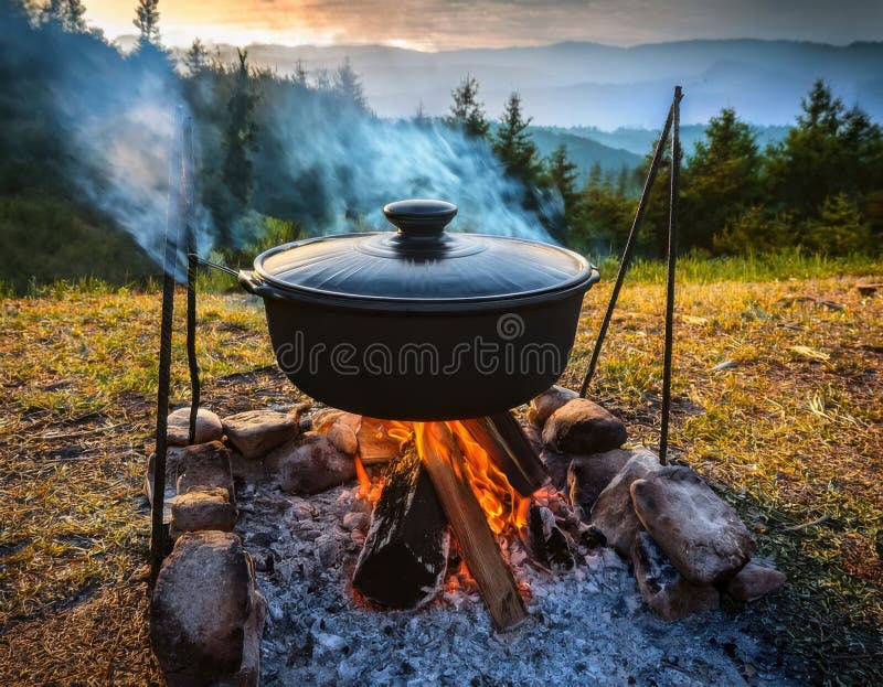 A Cast Iron Dutch Oven Cooking Over an Open Fire Stock Illustration ...