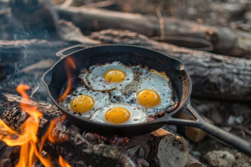 Cast Iron Pan Cooking Eggs Over a Campfire for Breakfast Stock Image ...