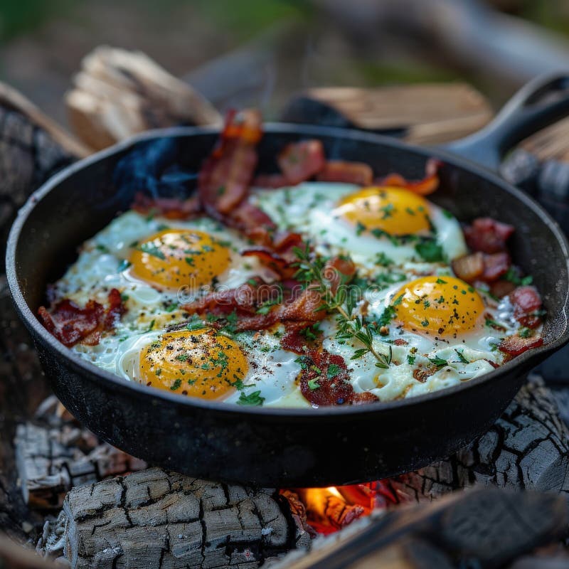Cast Iron Pan with Sunny Side Up Eggs and Bacon Cooked Outdoors Stock ...