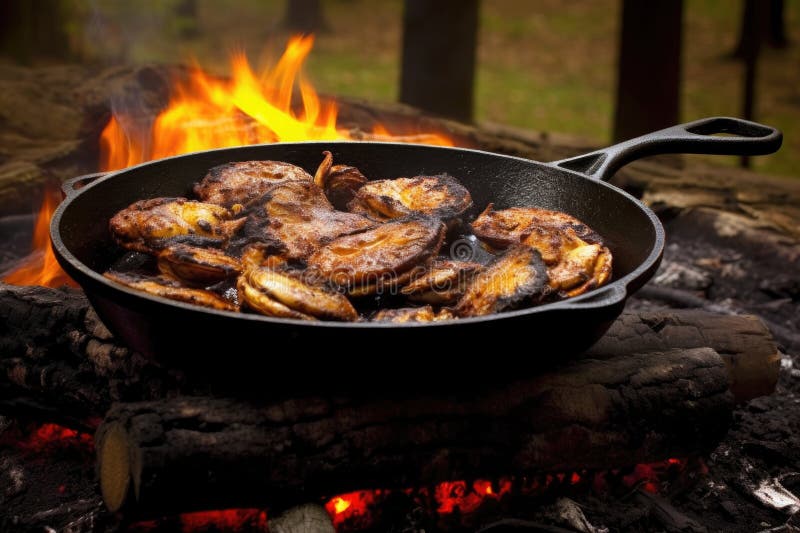 Cast Iron Pan Sizzling with Oysters Over Fire Stock Illustration ...