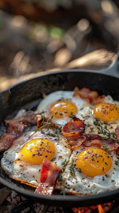 Cast Iron Pan with Sunny Side Up Eggs and Bacon Cooked Outdoors Stock ...