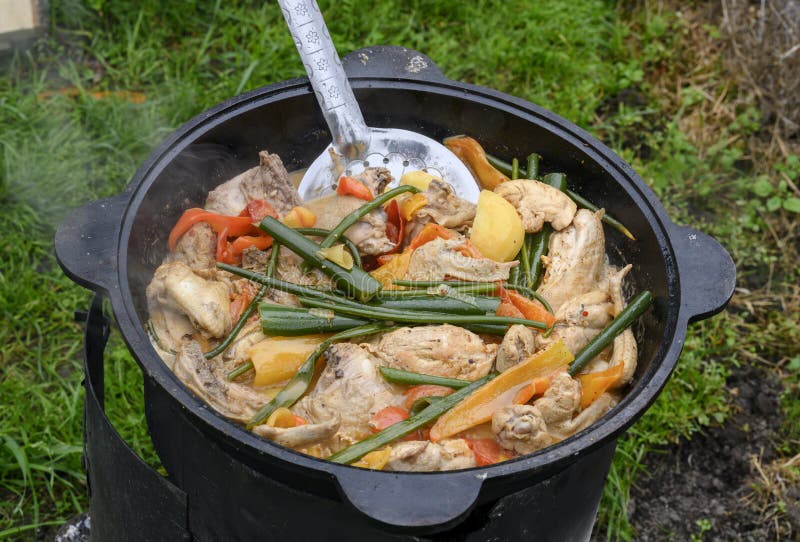 Cast Iron Pot with Boiling Soup of Chicken, Tomatoes, Onions and ...