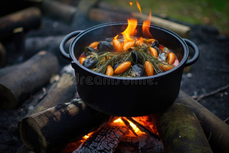 Cast Iron Pot with Bouillabaisse Over Campfire Flames Stock ...