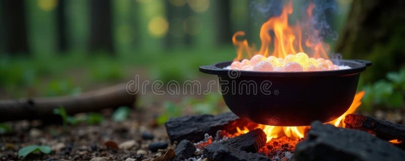 Cast Iron Pot Bubbles on Open Fire, Forest Backdrop, Cast Iron ...