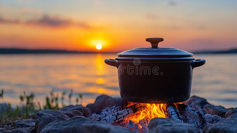 Cast Iron Pot Cooking Over Campfire at Sunset Near Lake Stock ...