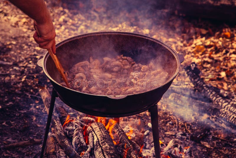 Cast Iron Pot Outdoors, Cooking on a Fire. Stock Image - Image of ...